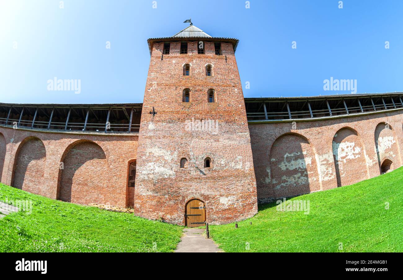 Red brick fortress wall of the Novgorod Kremlin with Knyazhaya (Prince ...