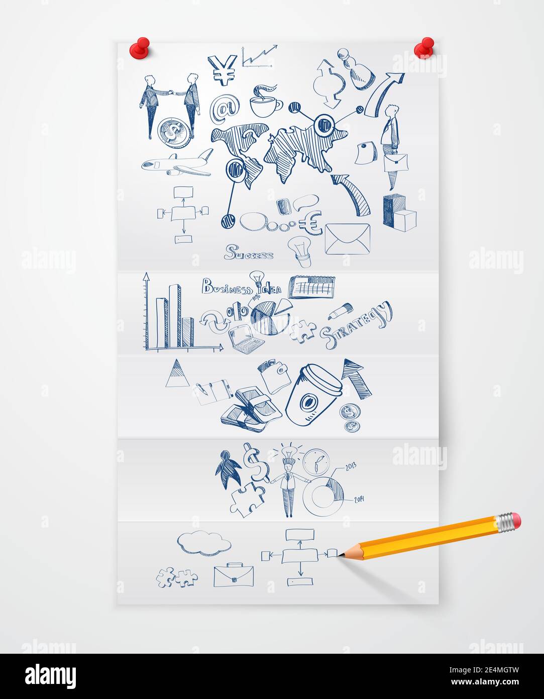 Folded paper sheet with business symbols pushpins and pencil vector ...