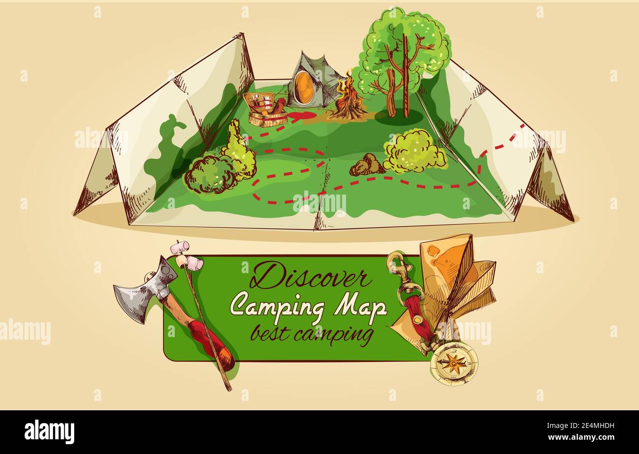 Tourist camping map sketch with axe tent campfire picnic box vector ...