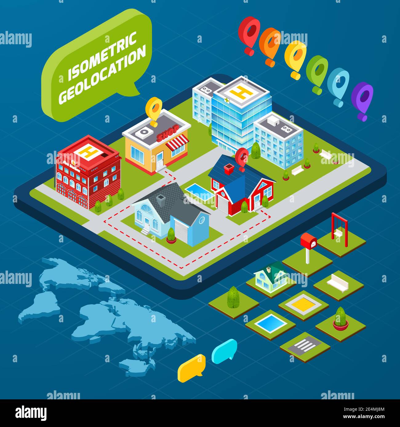 Isometric geolocation concept with town houses private and office buildings and gps icons 3d ...