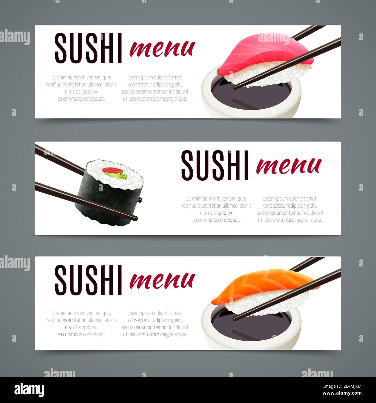 Sushi menu banners horizontal with salmon roll and chopsticks isolated ...