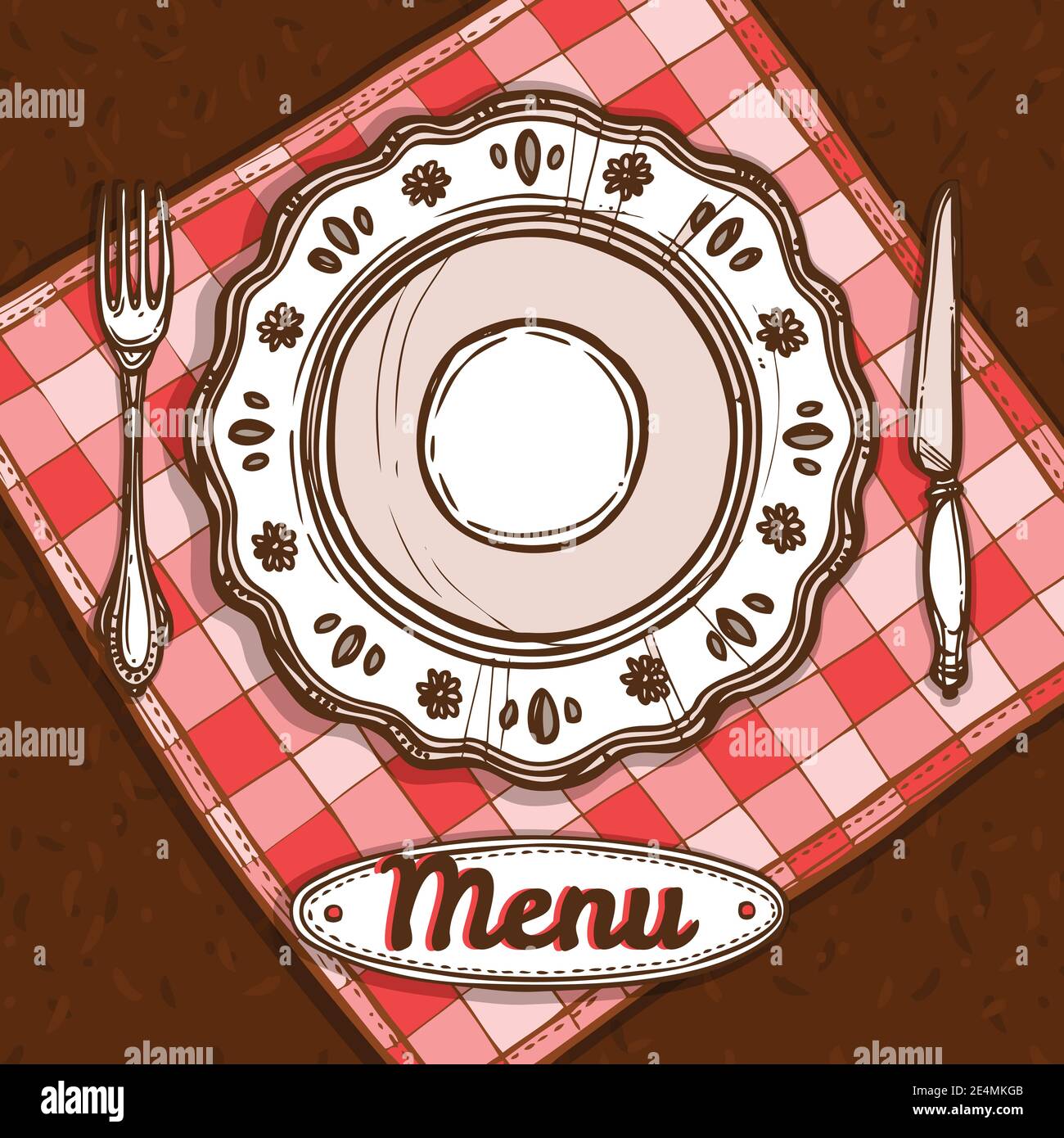 Menu poster with porcelain plate napkin and silverware sketch vector ...