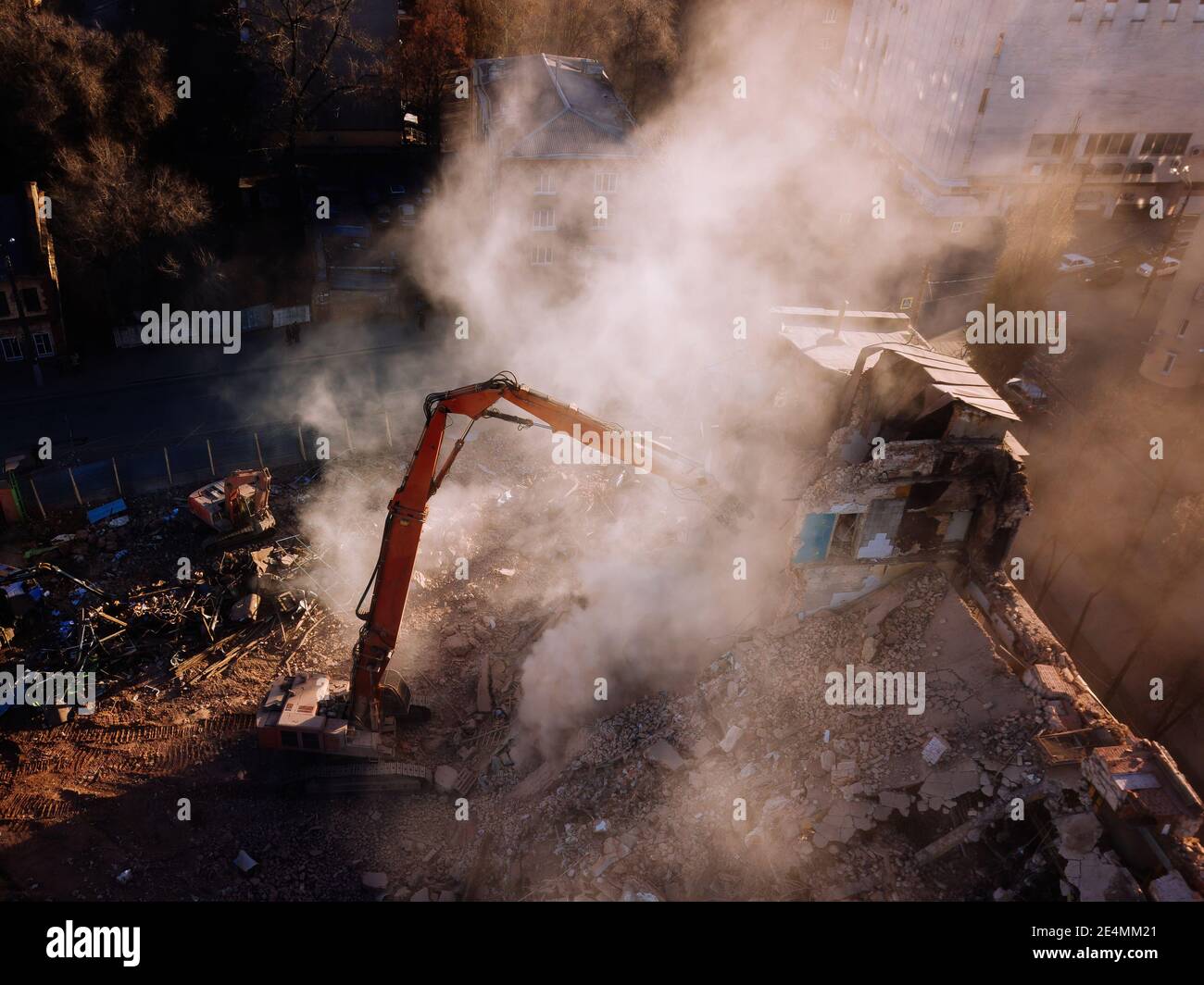 Aerial view of demolition site. Process of demolition of old industrial ...