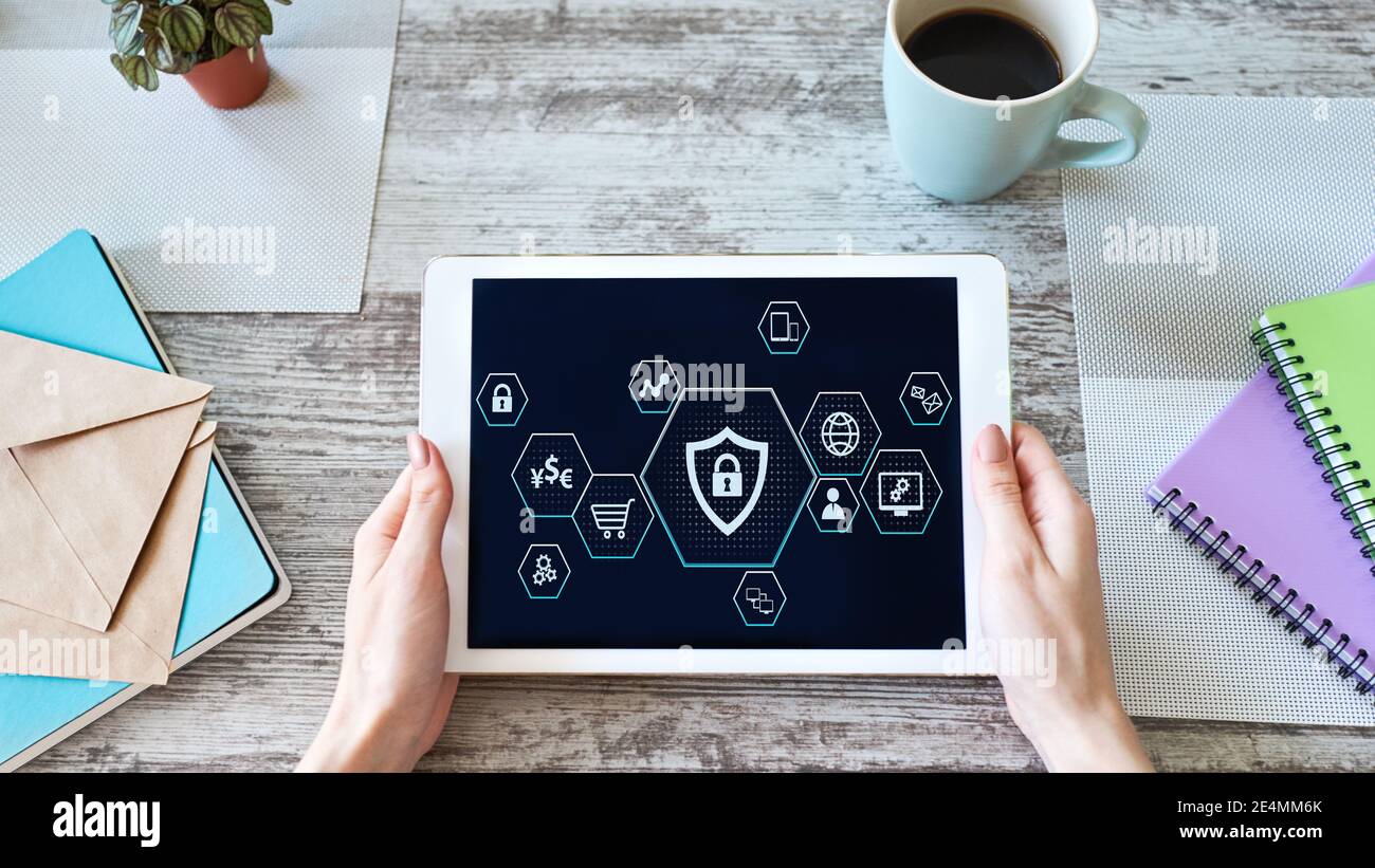 Cyber protection, Data security, Information provacy concept on screen ...