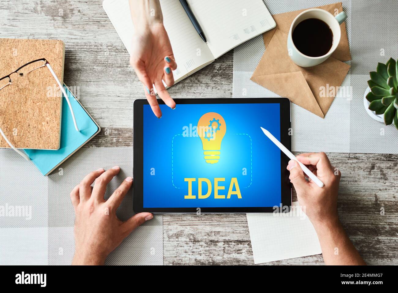 New idea, creativity and innovation concept with lamp icon on screen ...