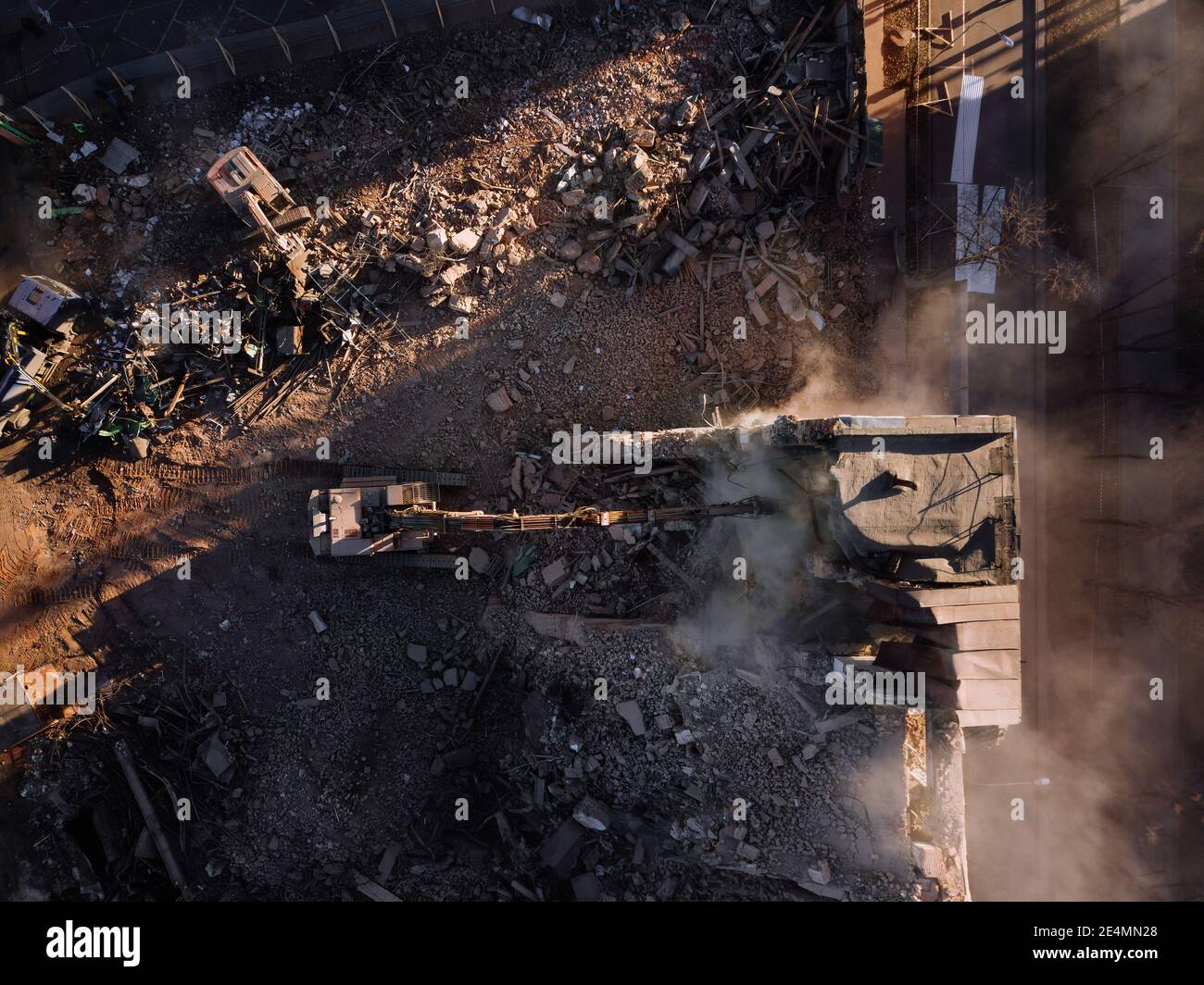 Aerial view of demolition site. Process of demolition of old industrial ...