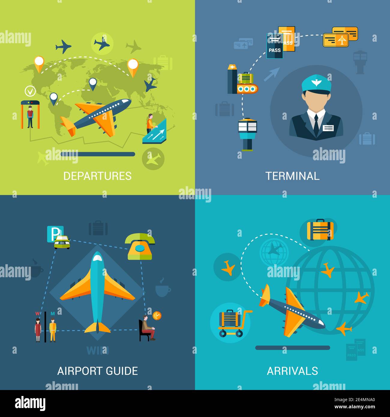 Airport design concept set with departures arrival terminal guide flat ...