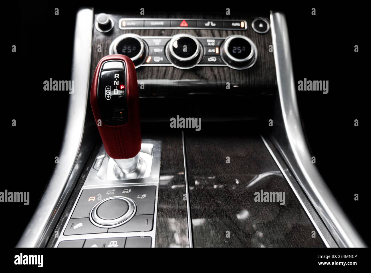 Automatic gear stick of a modern car. Modern car interior details. Close up view. Car detailing ...