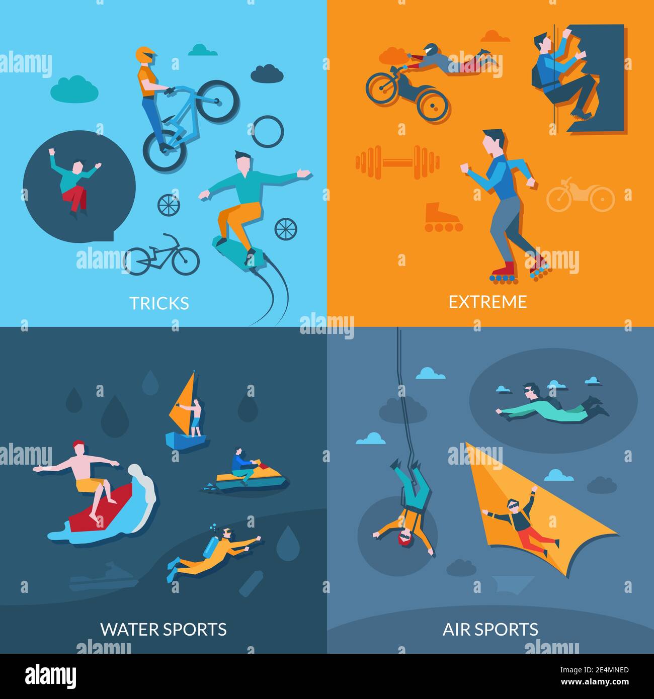 Extreme sports design concept set with tricks water and air flat icons ...