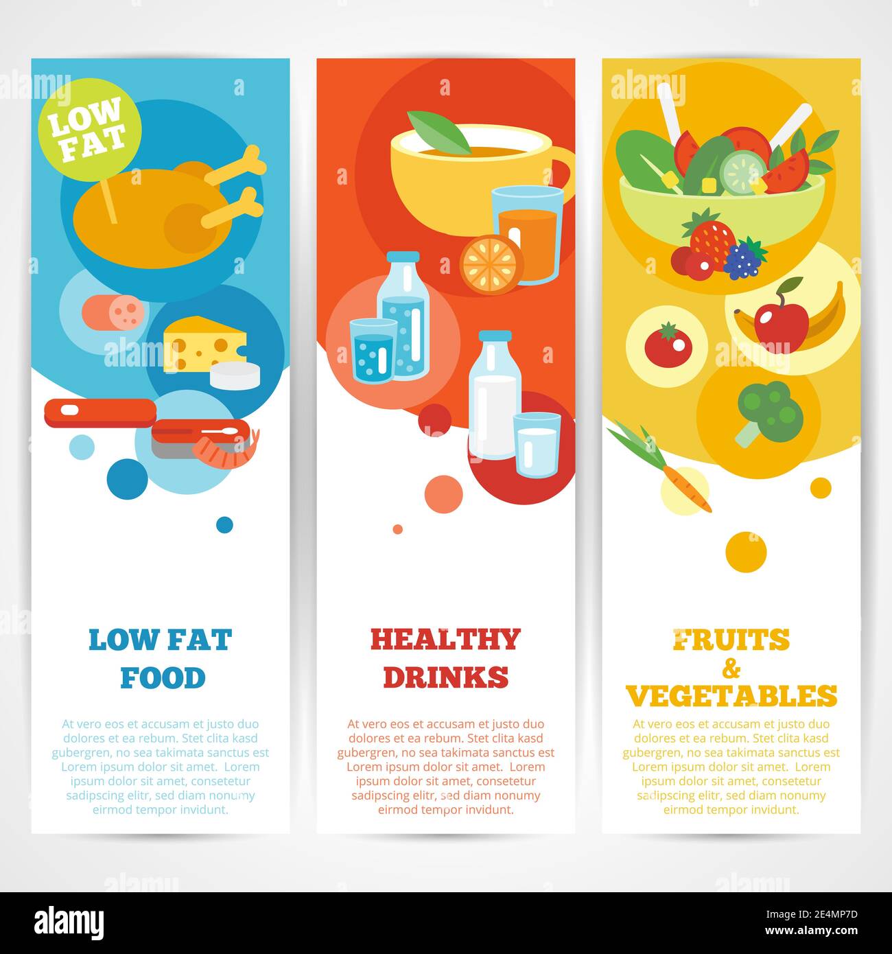 Healthy eating vertical banner set with fruits and vegetables drinks ...