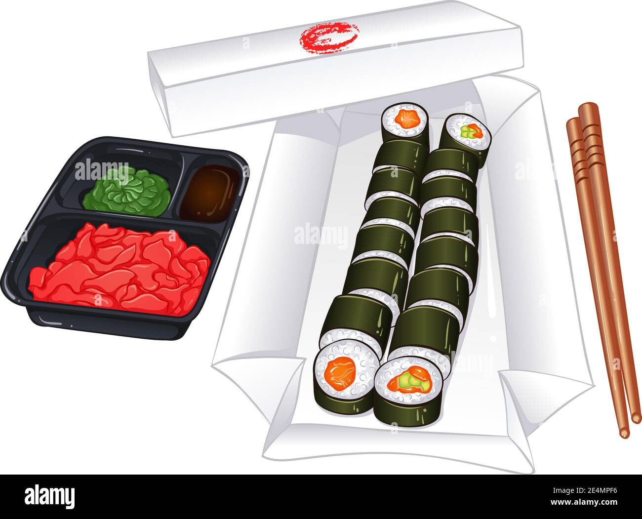 Color vector illustration isolated on white background. Sushi maki in a box to go. Traditional ...