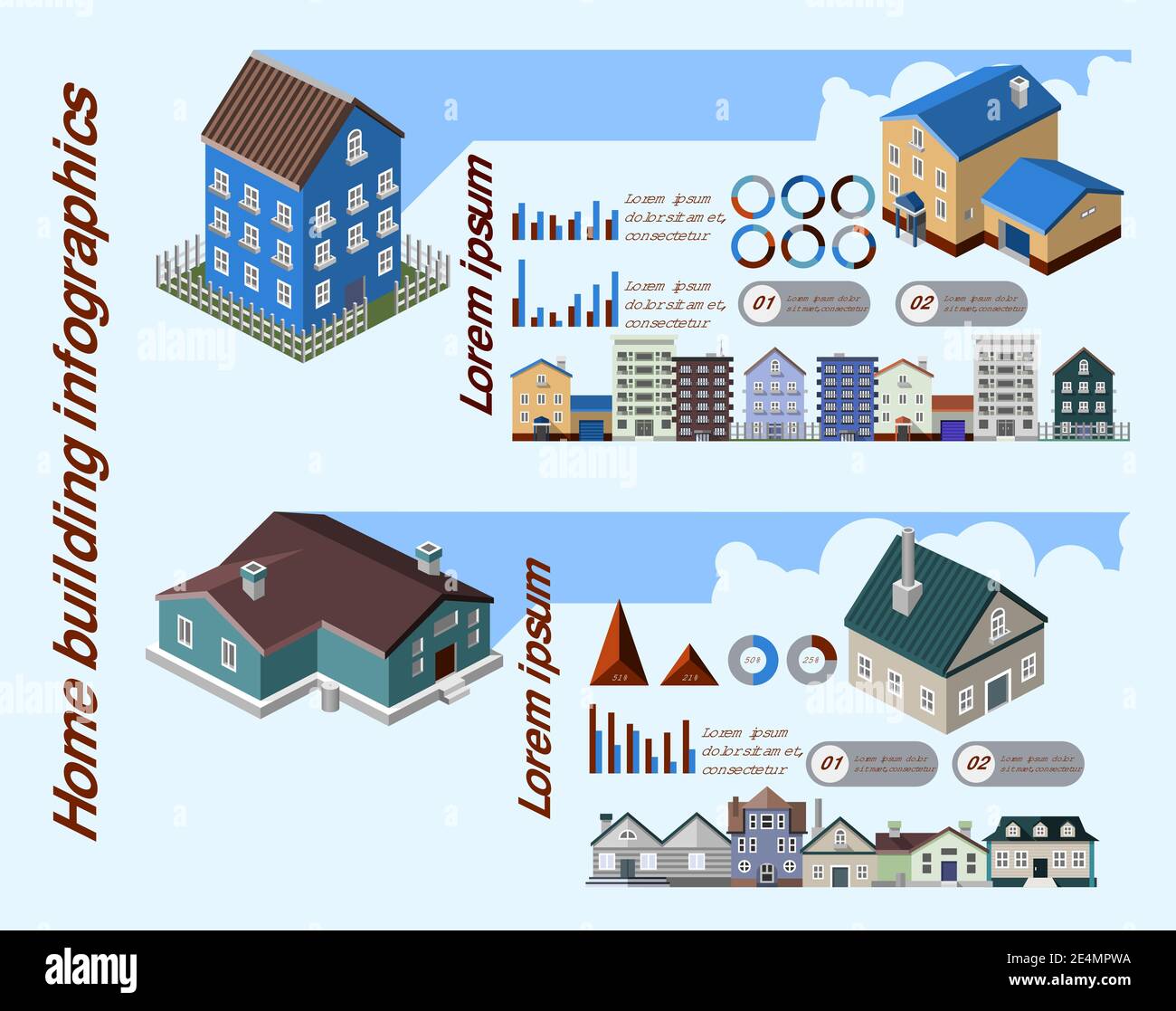 Home building infographics with isometric houses and charts vector ...
