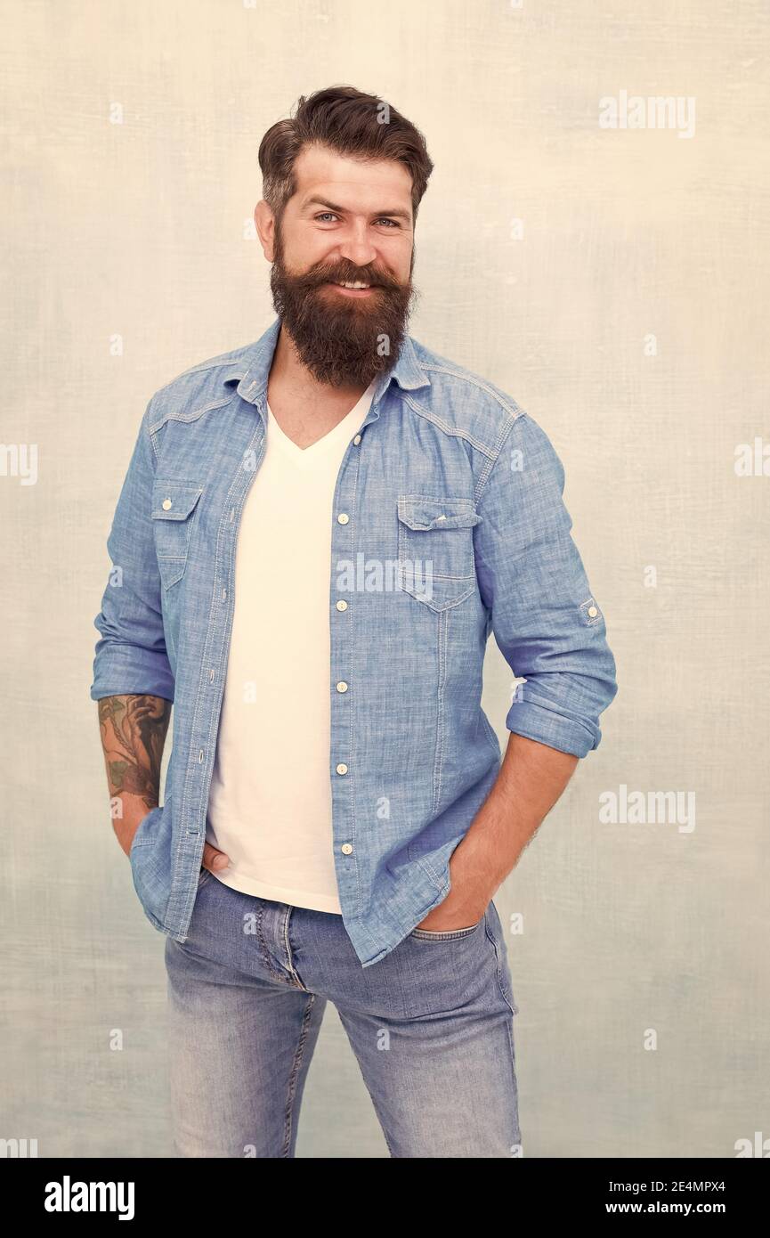 Statement denim jacket. Male casual style. Denim look. Brutal hipster ...