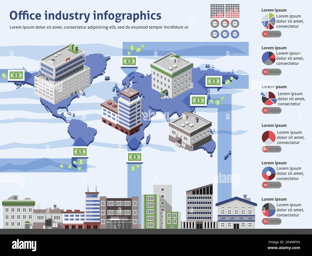 Office industry infographics with business buildings world map and ...