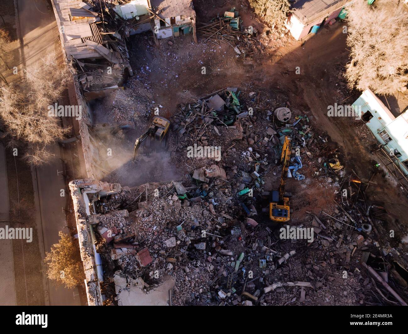 Aerial view of demolition site. Process of demolition of old industrial ...