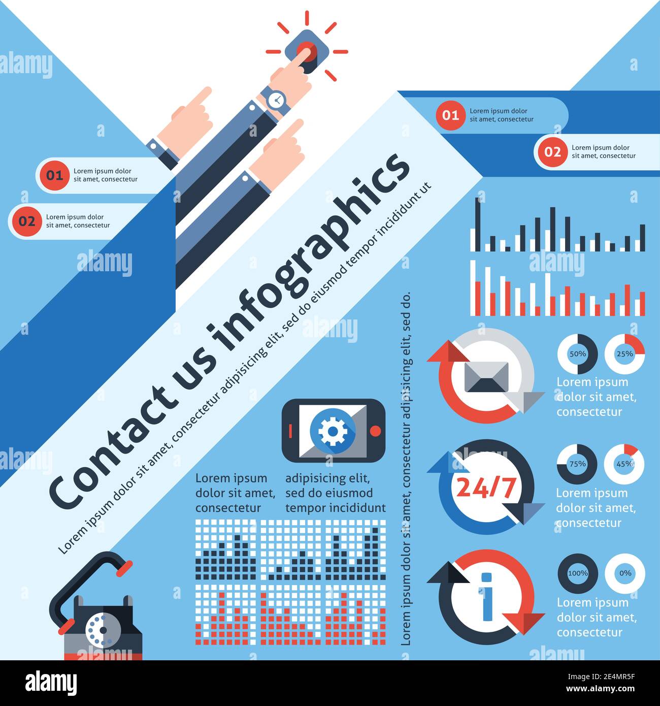 Contact us infographics set with telephone customer service ...