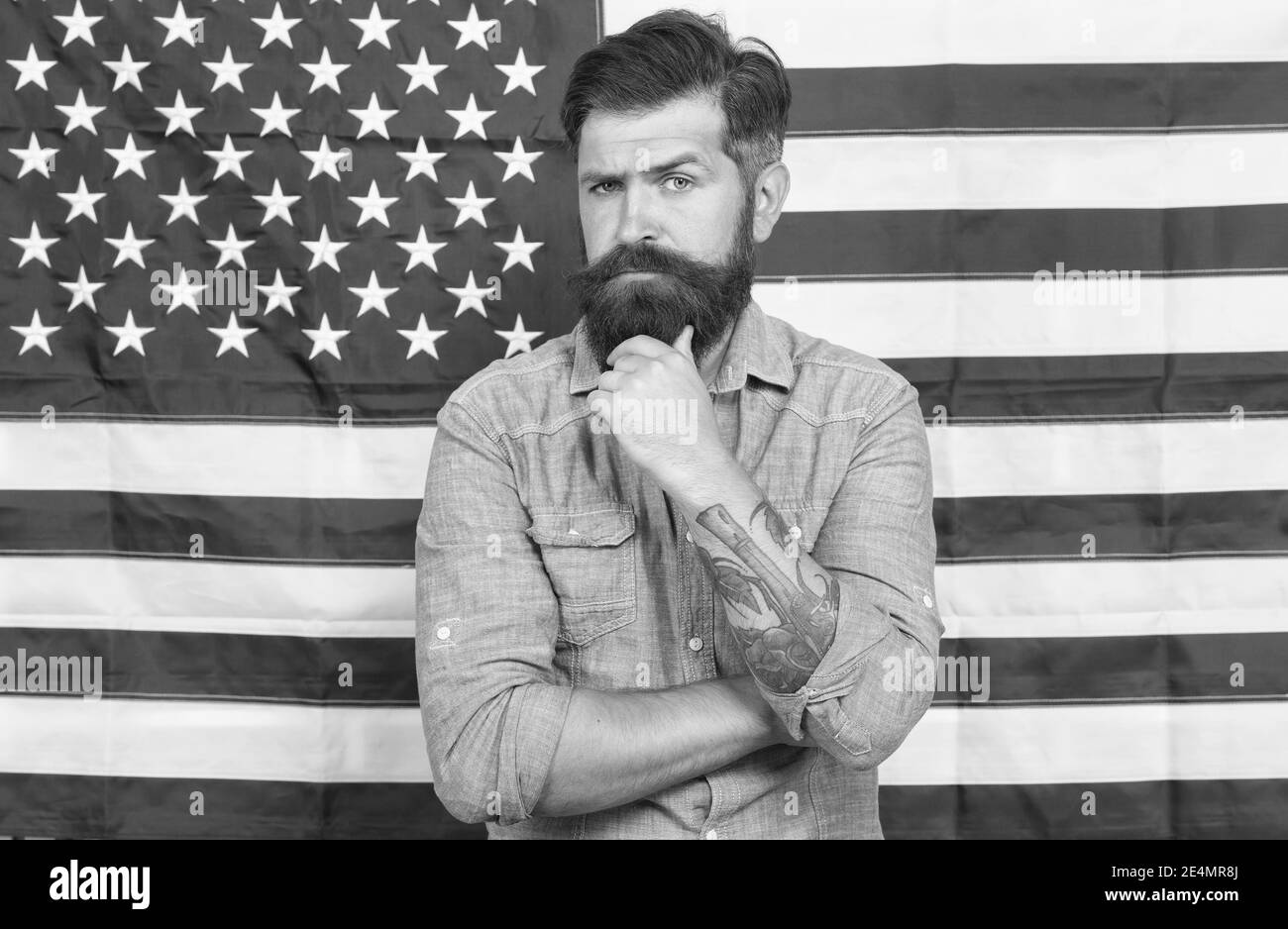 American man journalist reporter USA flag background, elections concept ...