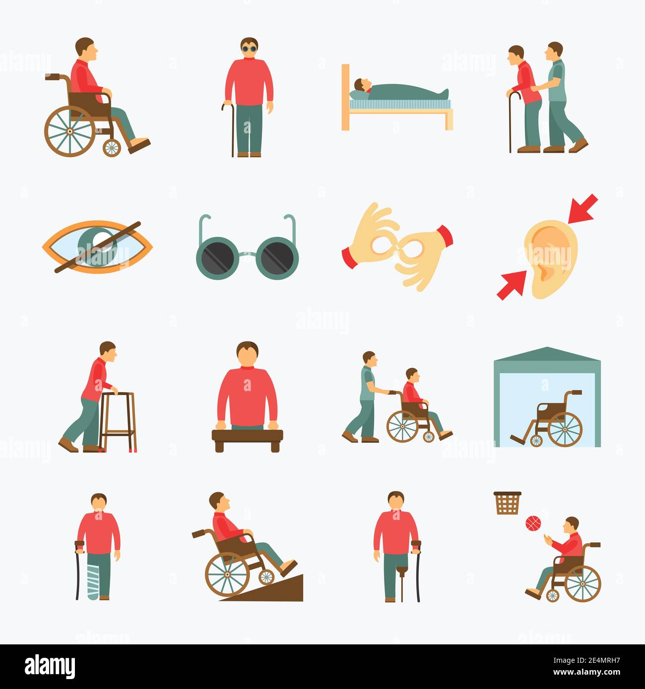 Disabled people care help assistance and accessibility flat icons set ...