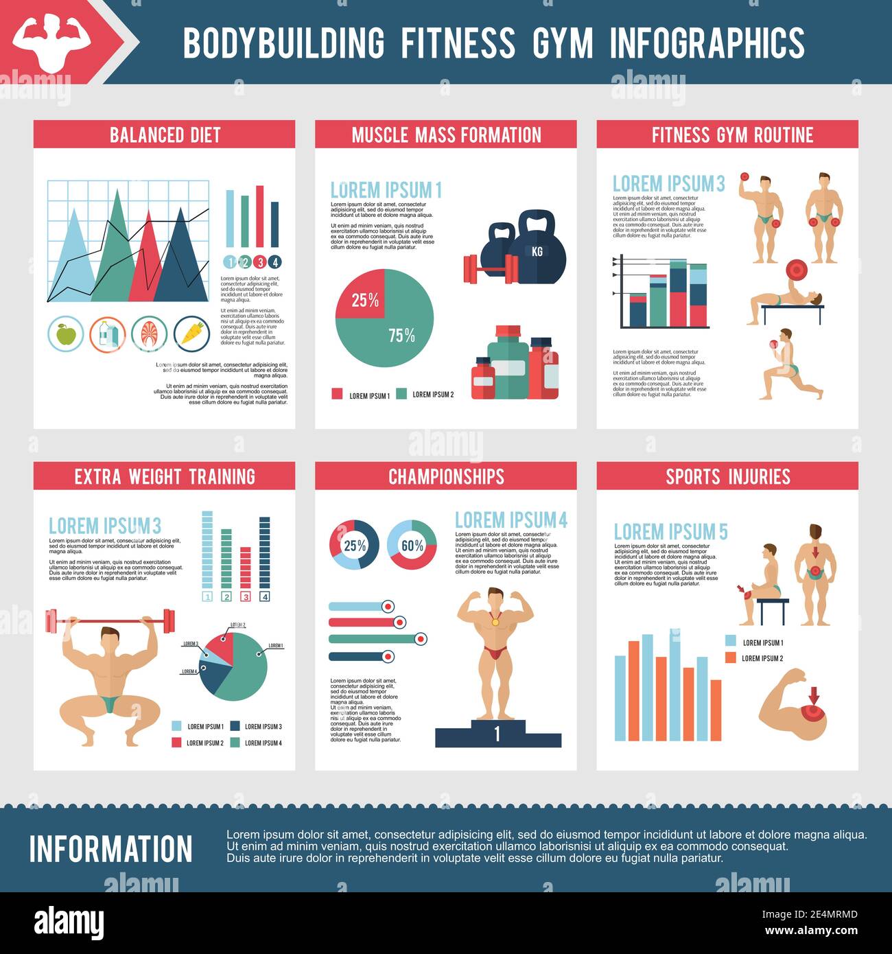 Bodybuilding fitness gym infographics set with charts and sport icons ...