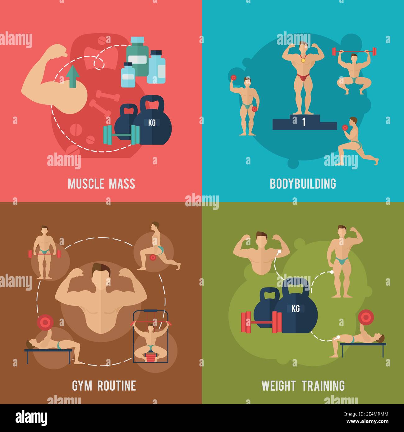 Bodybuilding flat icons set with muscle mass gym routine weight ...