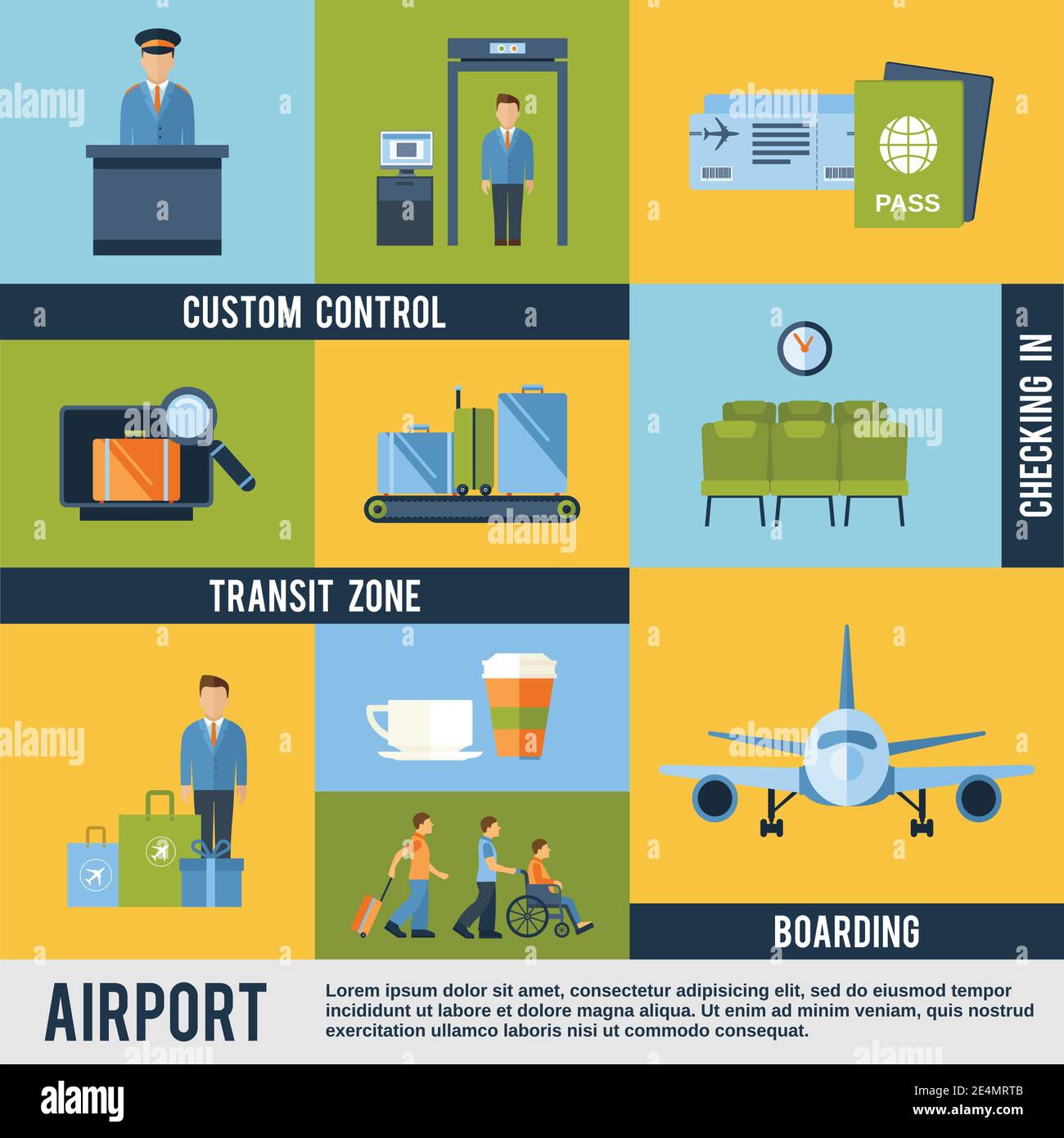 Airport icons decorative set with custom control transit zone boarding ...
