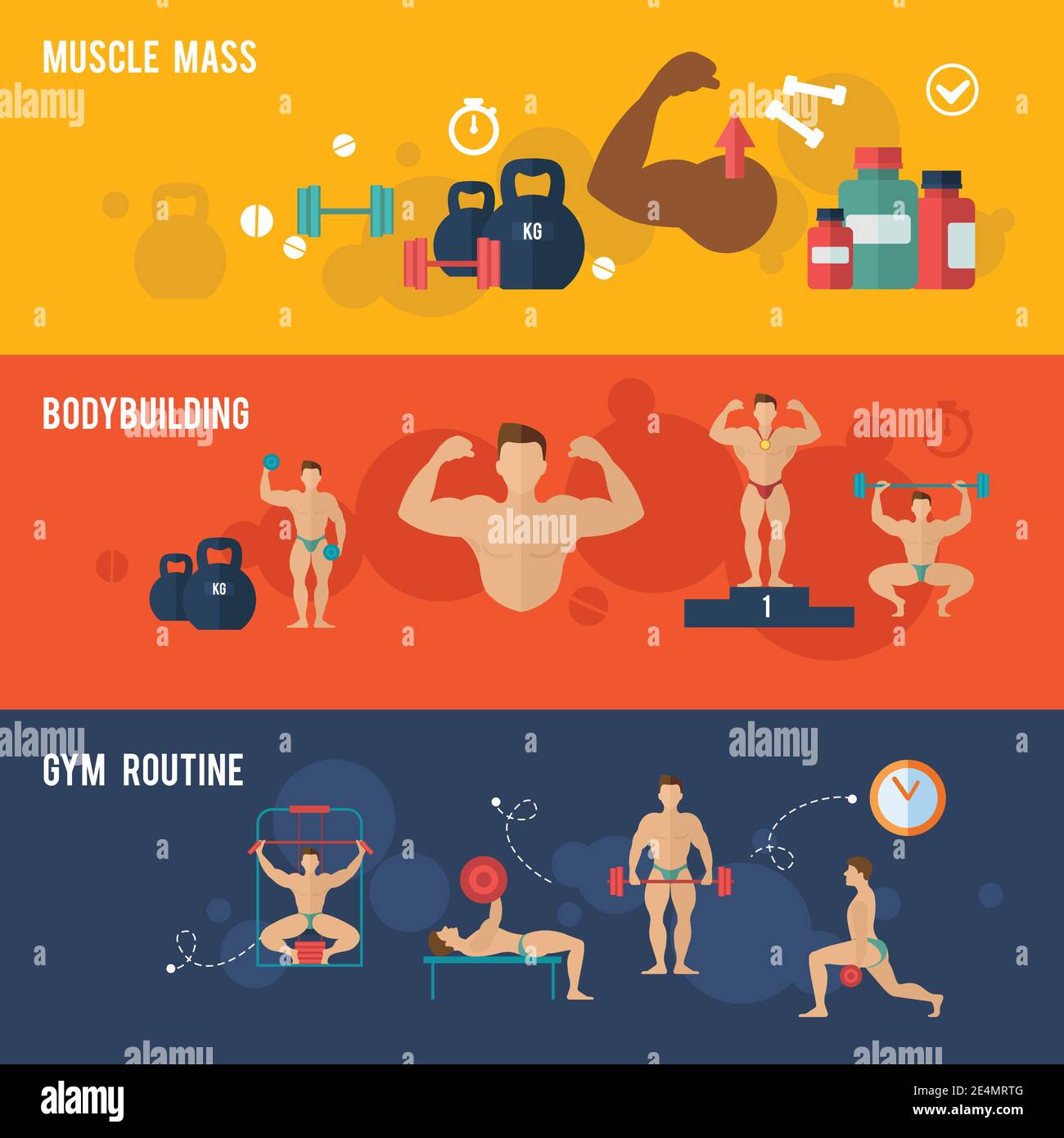 Bodybuilding horizontal banner set with muscle mass gym routine ...