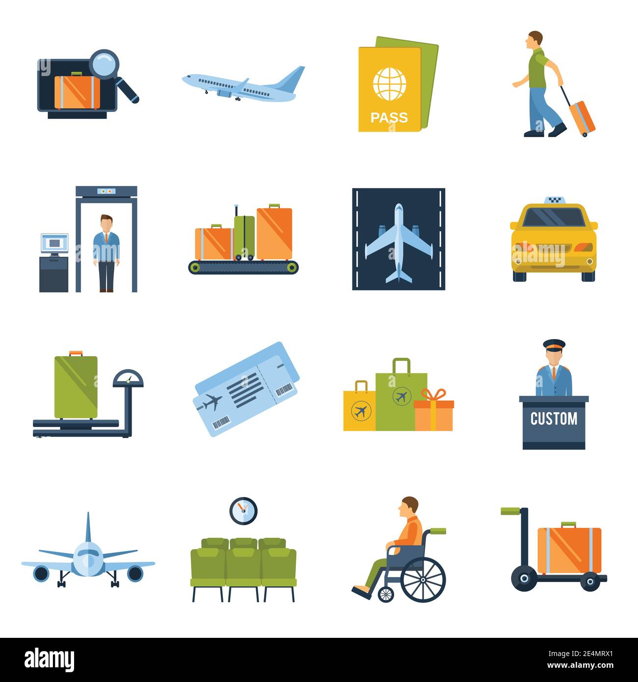 Airport icons flat set with baggage check airplane security control ...
