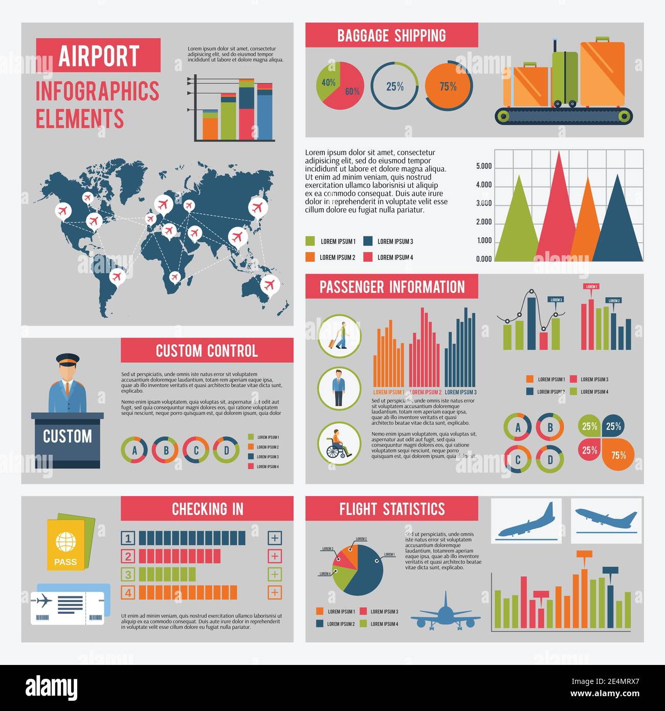 Airport infographics set with flying control elements charts and world ...