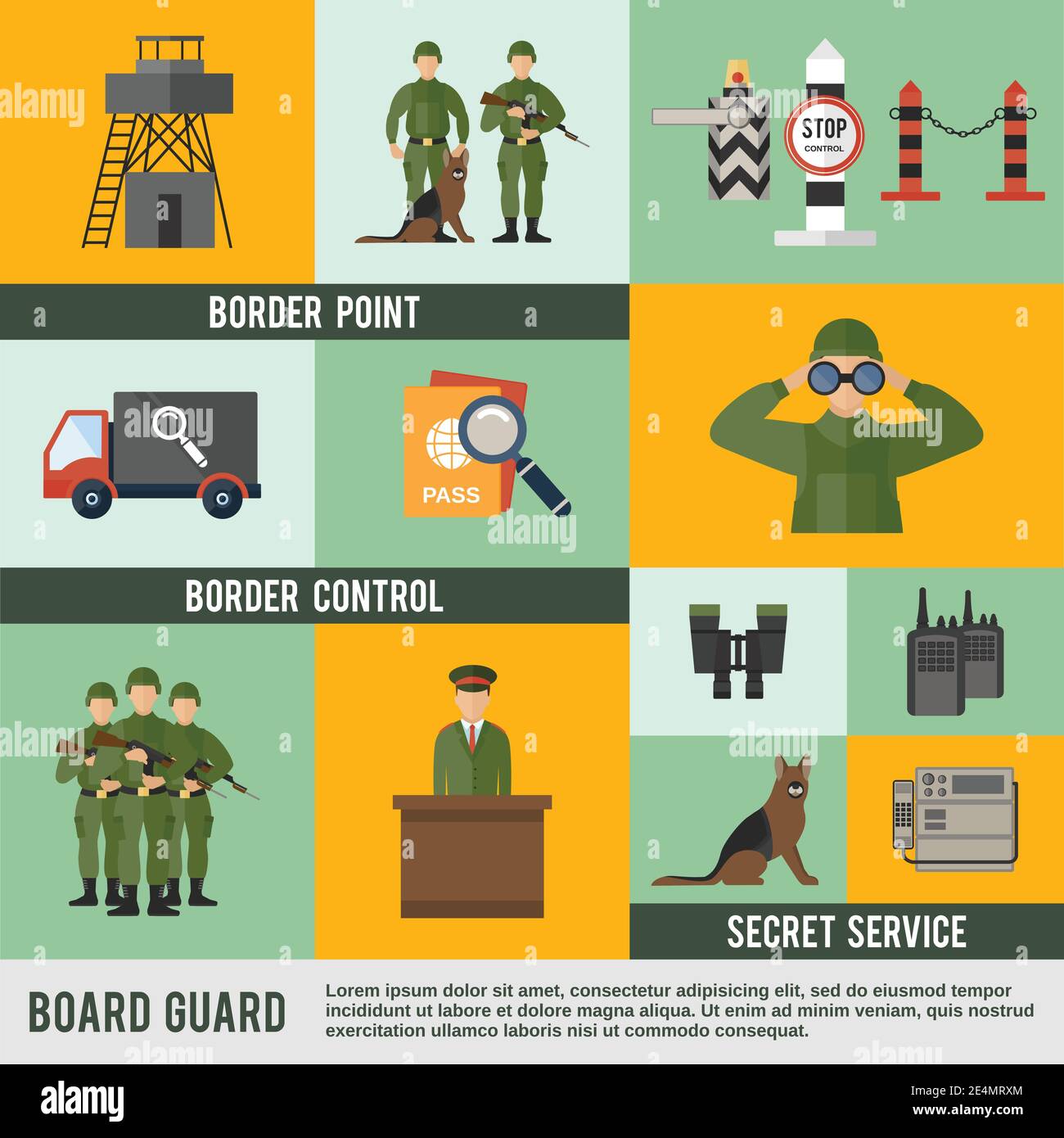 Border guard icon flat set with secret service control point isolated ...