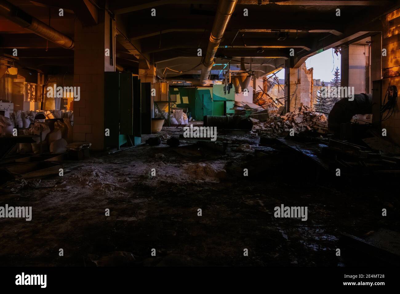 Ruined factory interior. Consequences of disaster, war or demolition ...