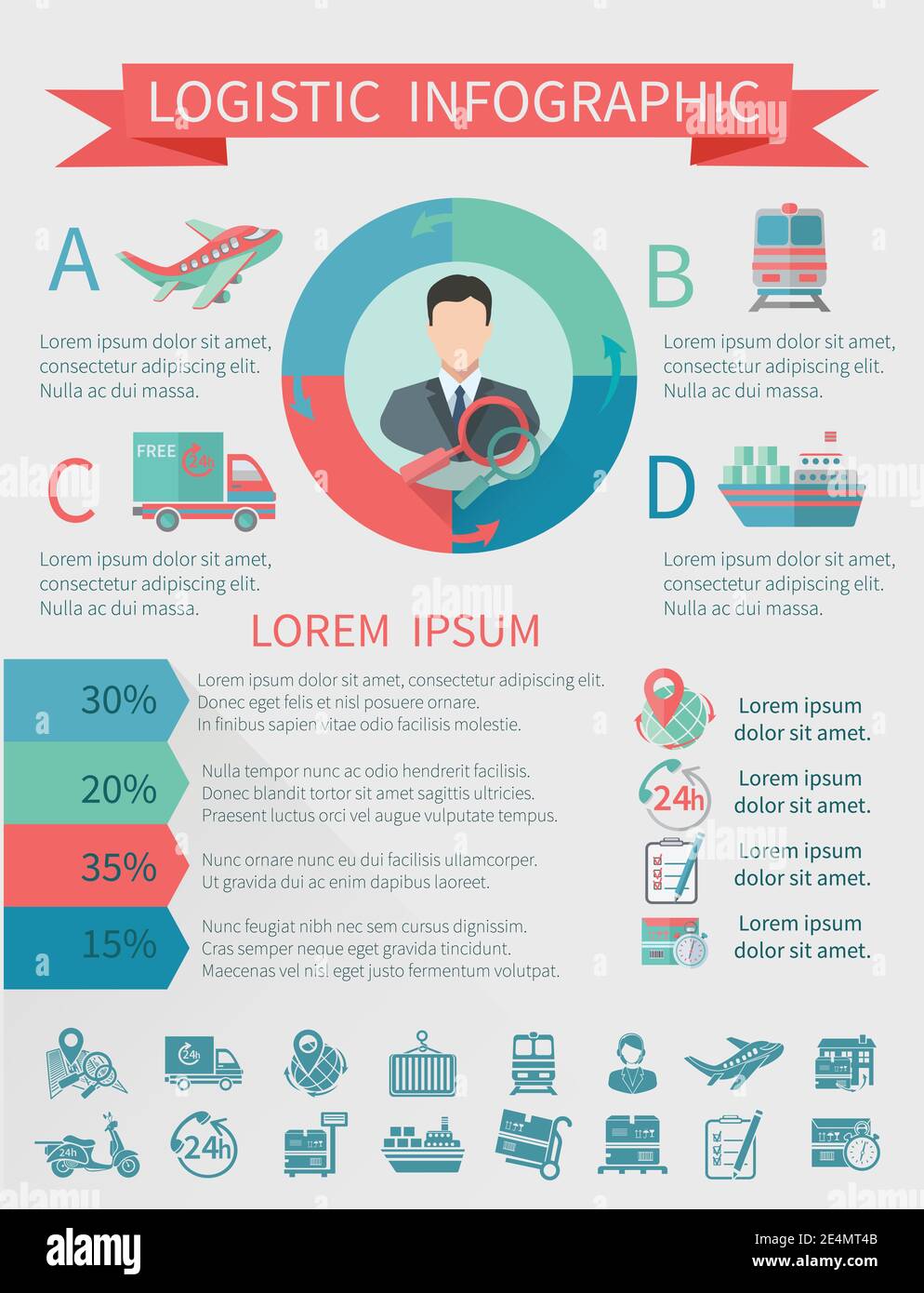 Logistic chain cargo shipping infographics set with airplane train bike ...