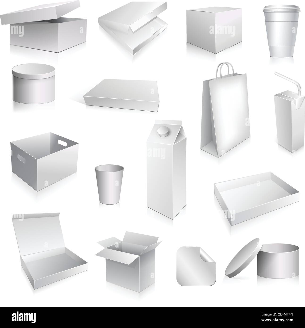 Packaging set with paper cup carton containers and boxes blank isolated ...