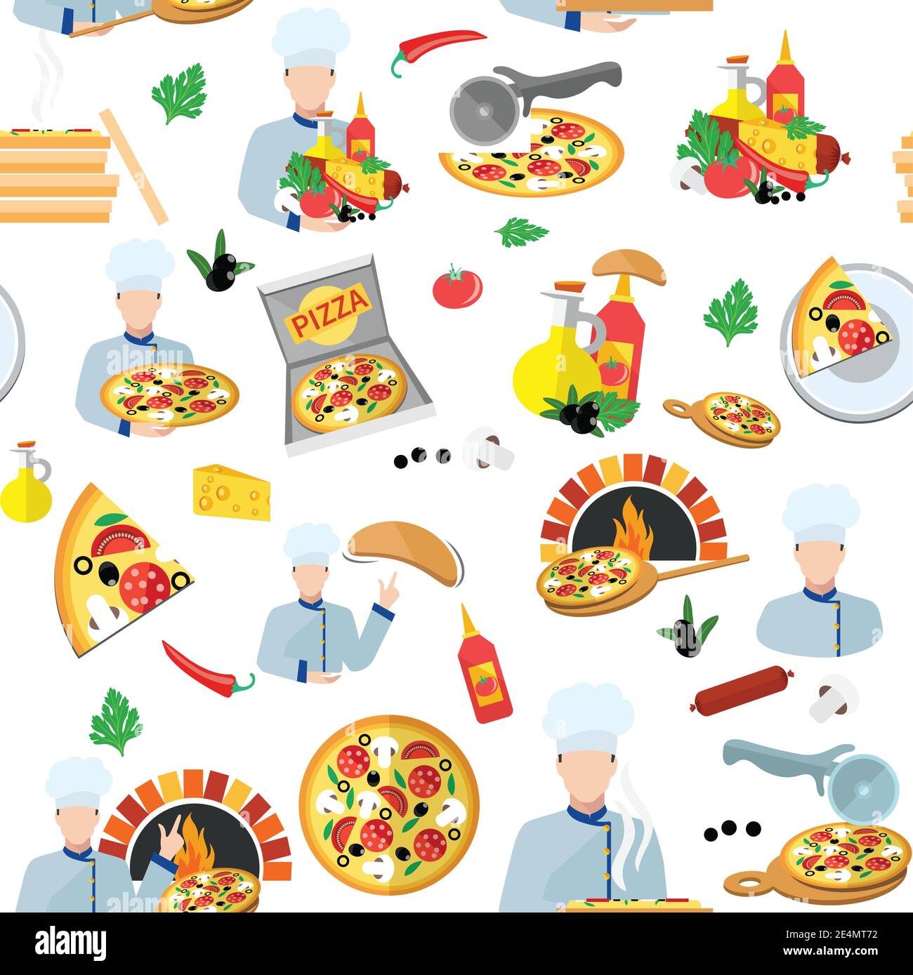 Pizza maker seamless pattern with fresh food box and chef cook vector ...