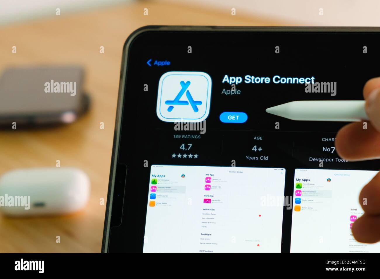 App Store Connect logo shown by apple pencil on the iPad Pro tablet ...