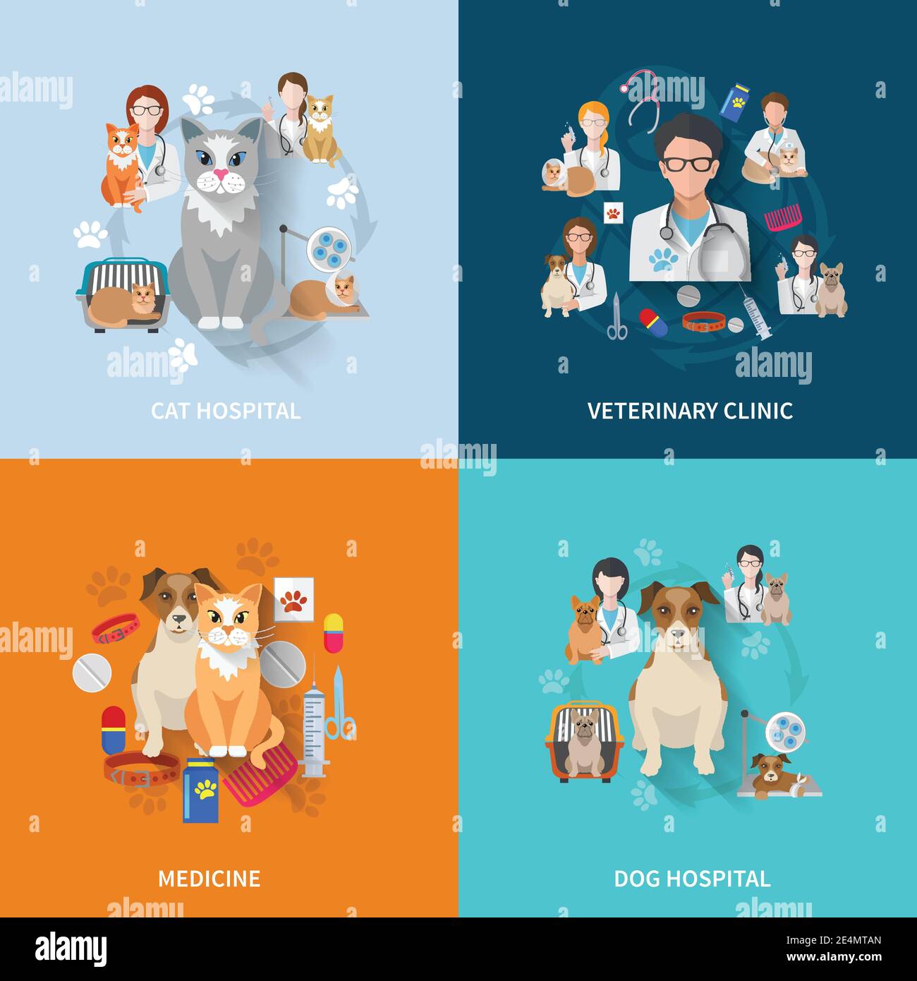 Veterinary flat set with cat and dog hospital medicine clinic isolated ...