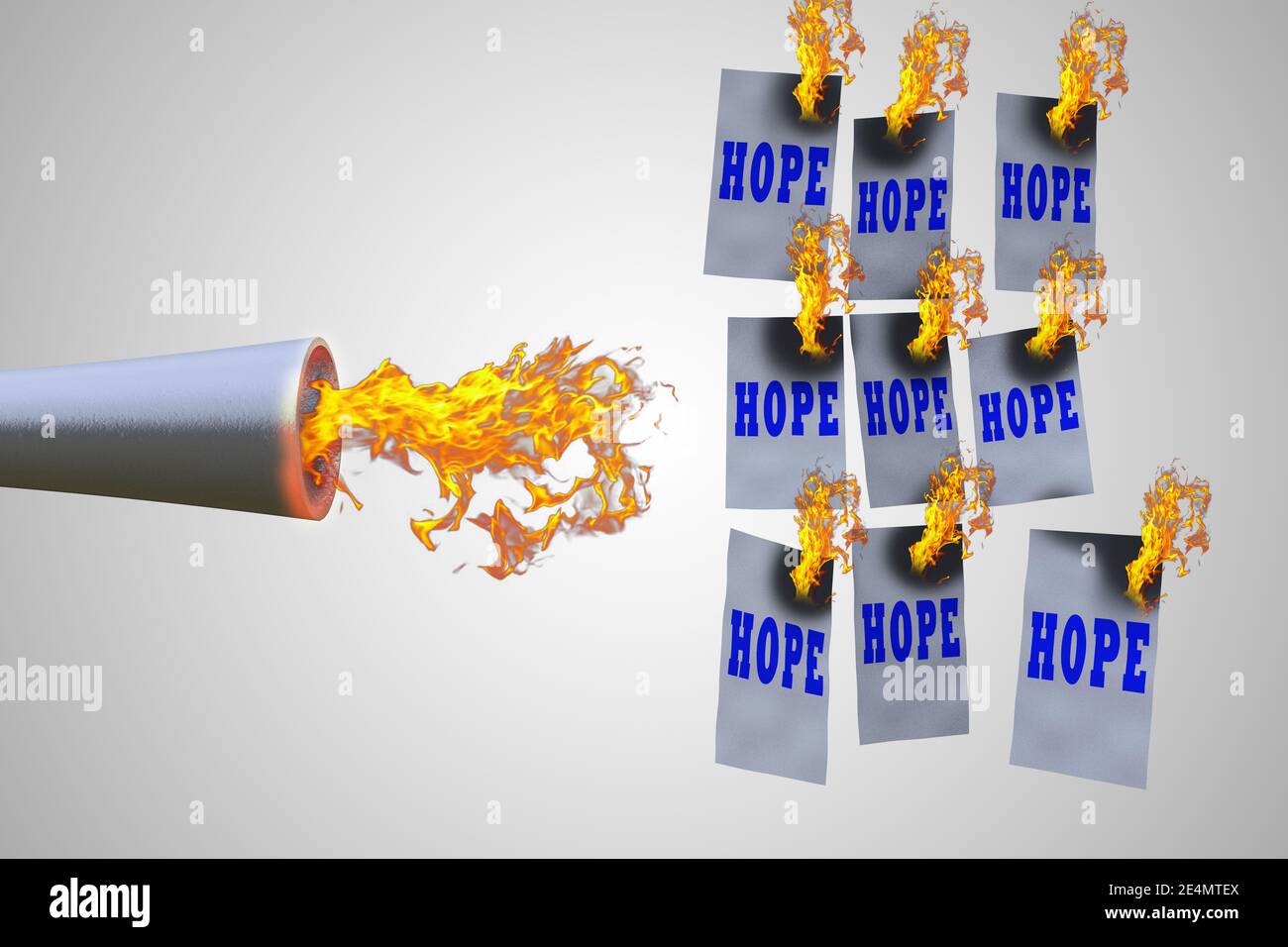 Metal pipe throws fire and burn hope demonstrating lost hope concept ...