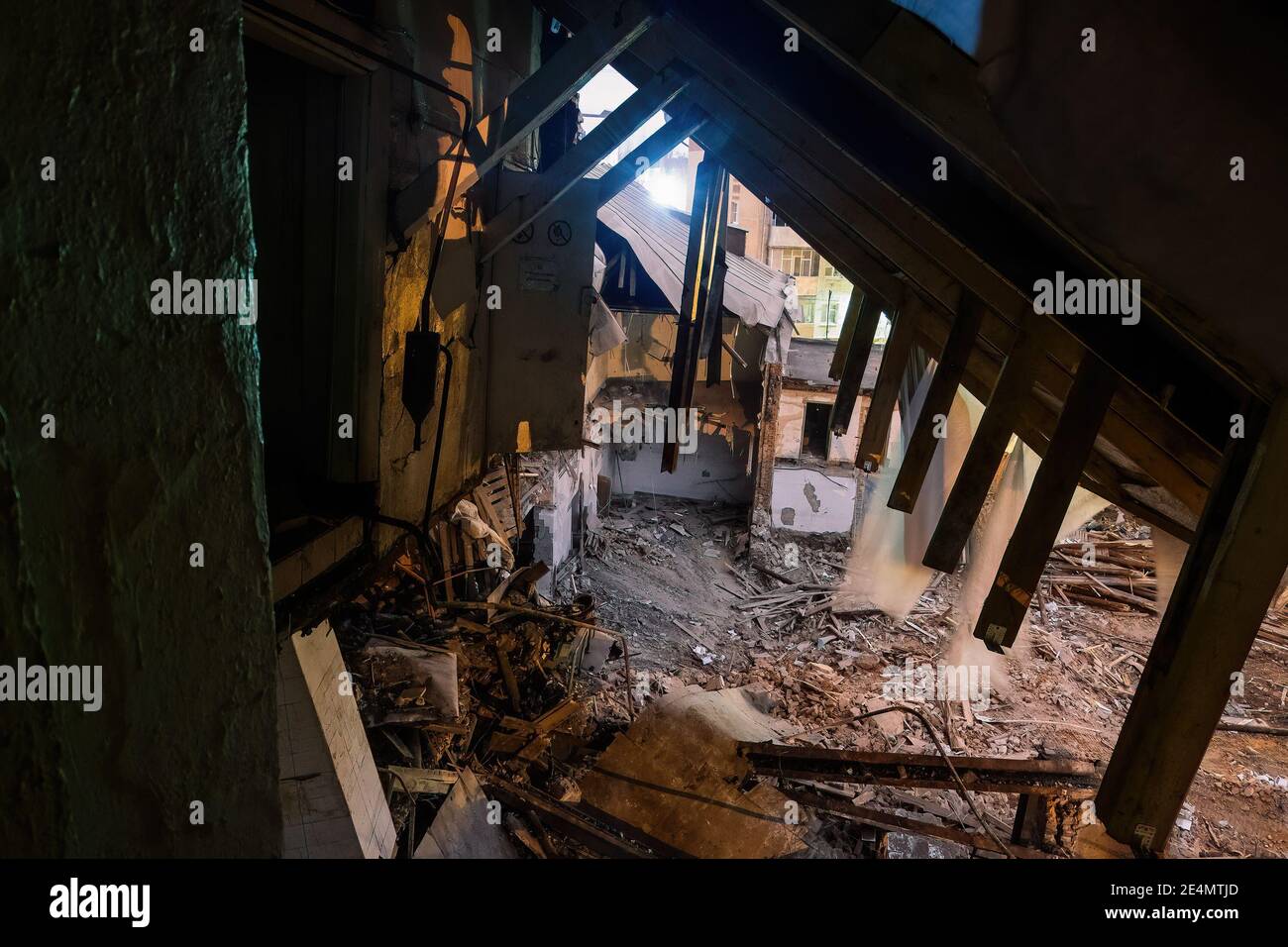 Ruined factory interior. Consequences of disaster, war or demolition ...