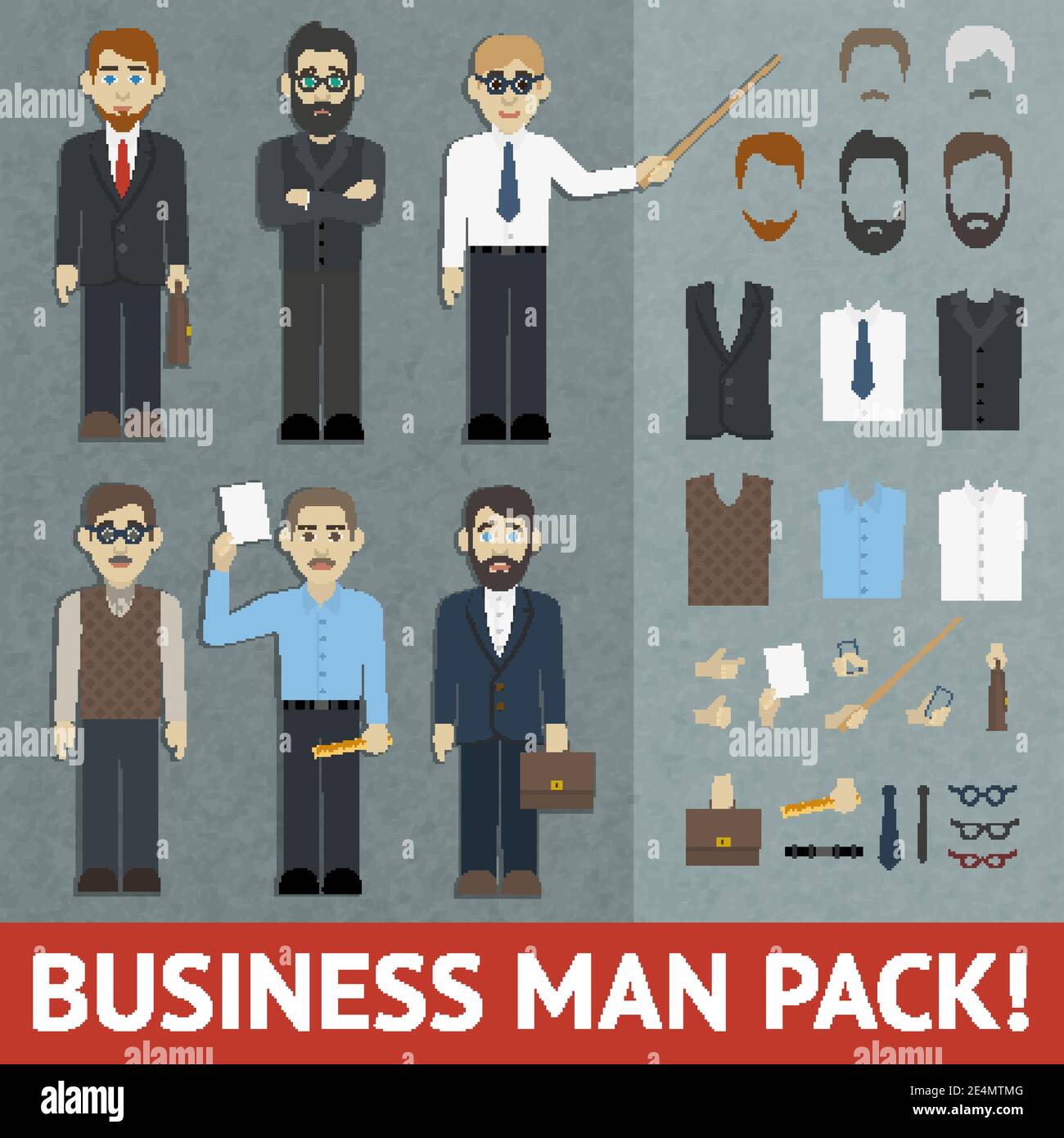 Pack of flat business man figures and office clothing accessories ...