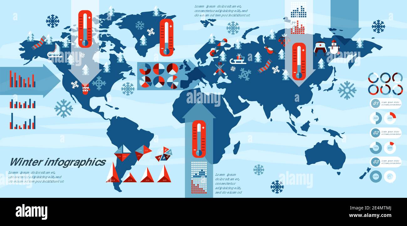 Winter holidays symbols infographics set with charts and world map ...