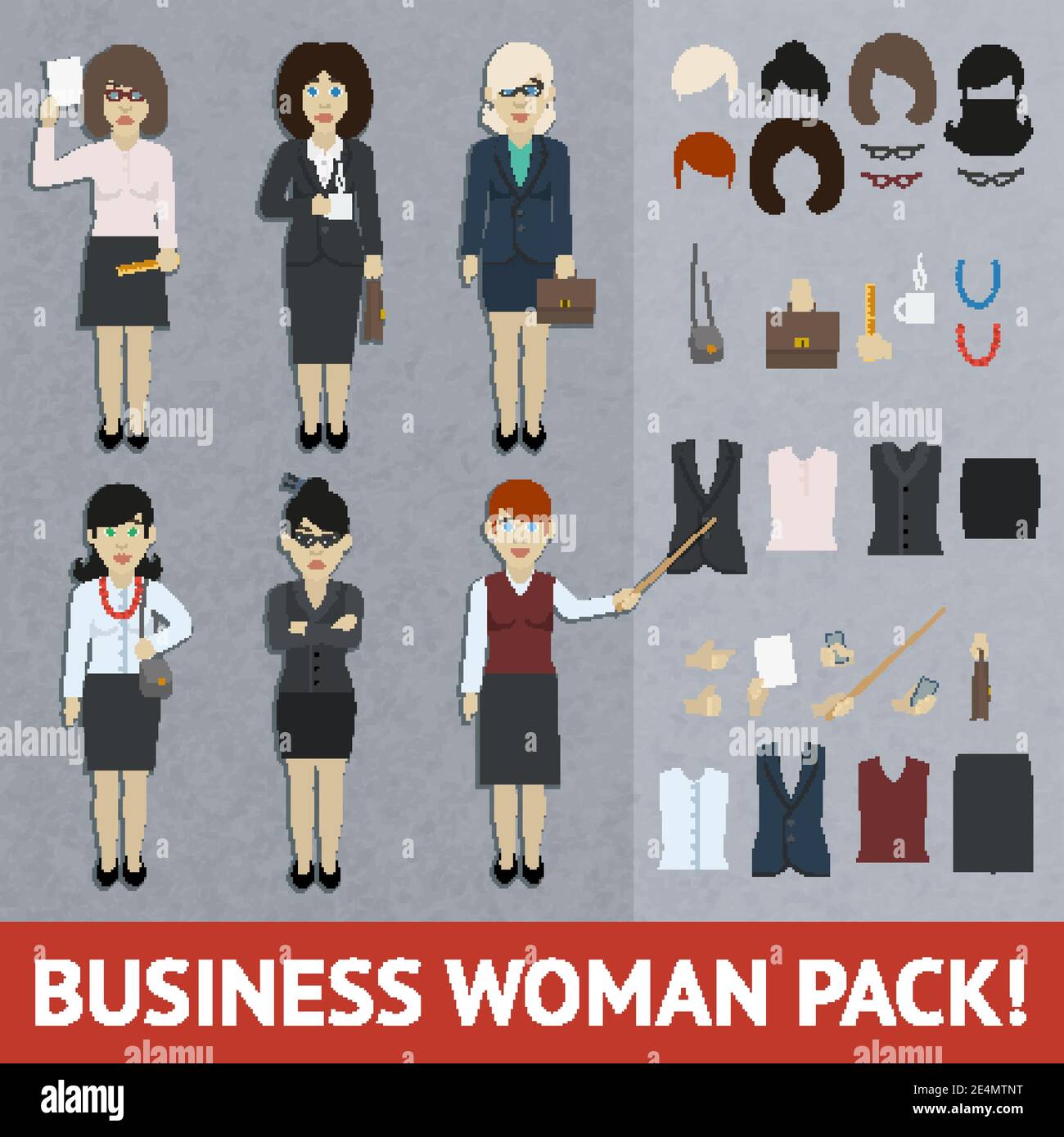 Set of business woman figures, fashion accessories and hair style ...