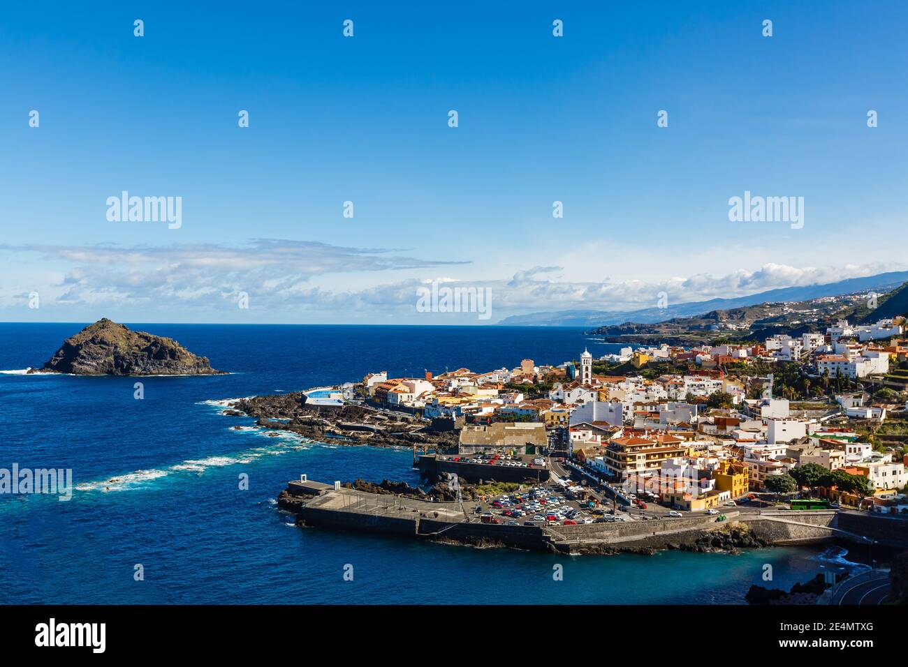 Aerial view of Garachico village on the coast of Atlantic ocean in ...