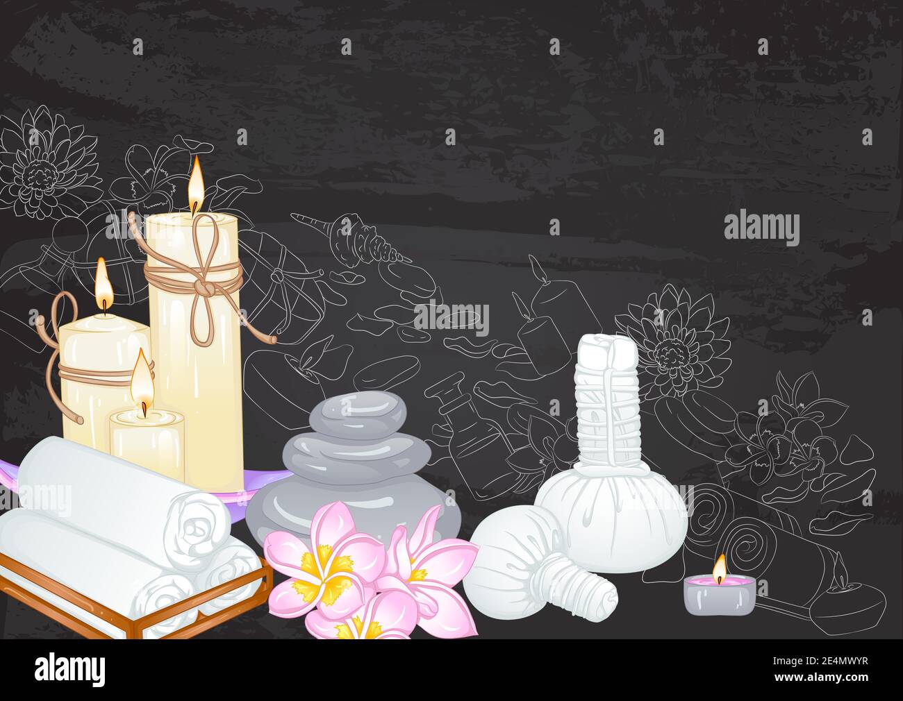 Still life with accessories for spa salon on a chalk board with a ...