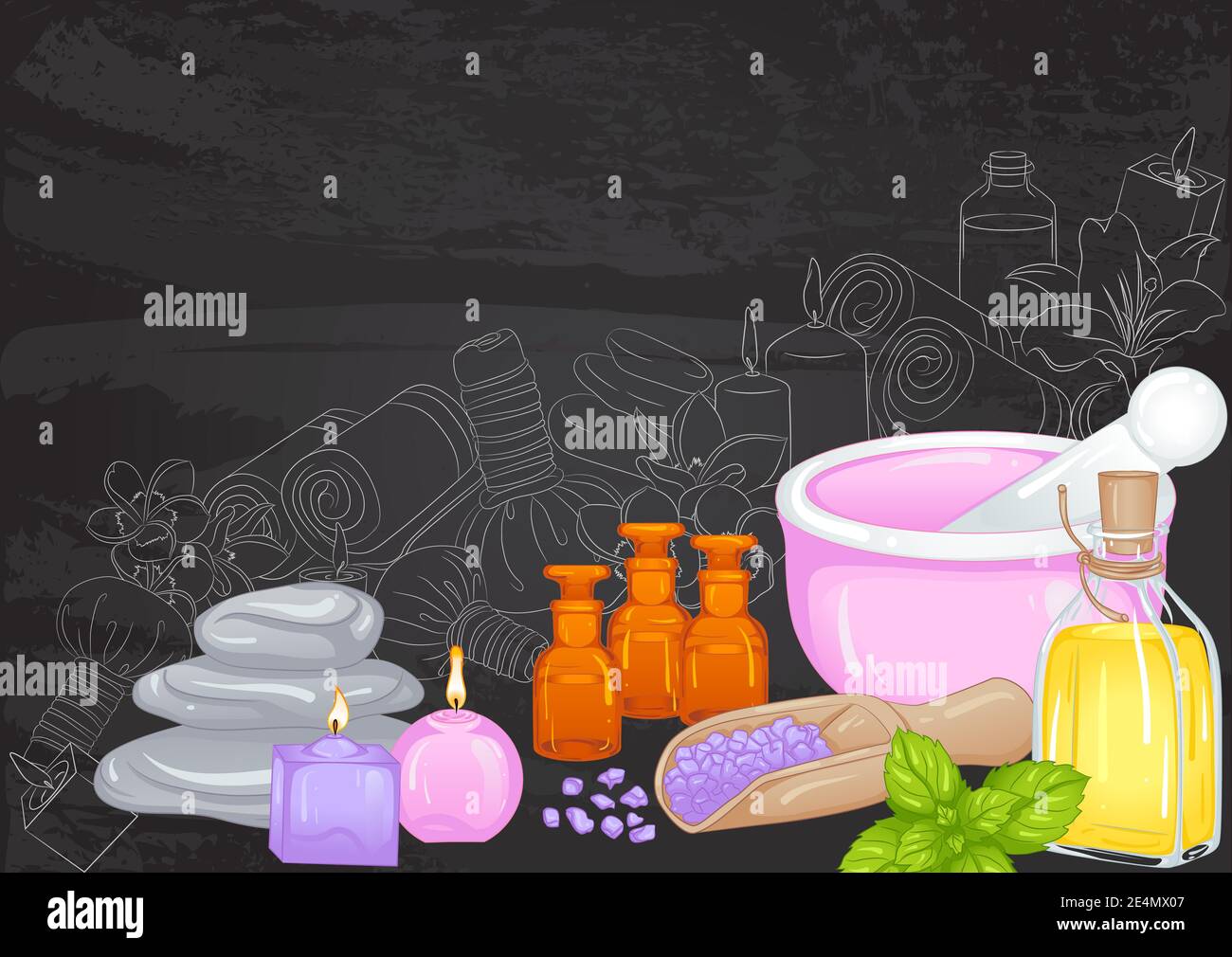 Still life with accessories for aromatherapy, spa salon on a chalk ...