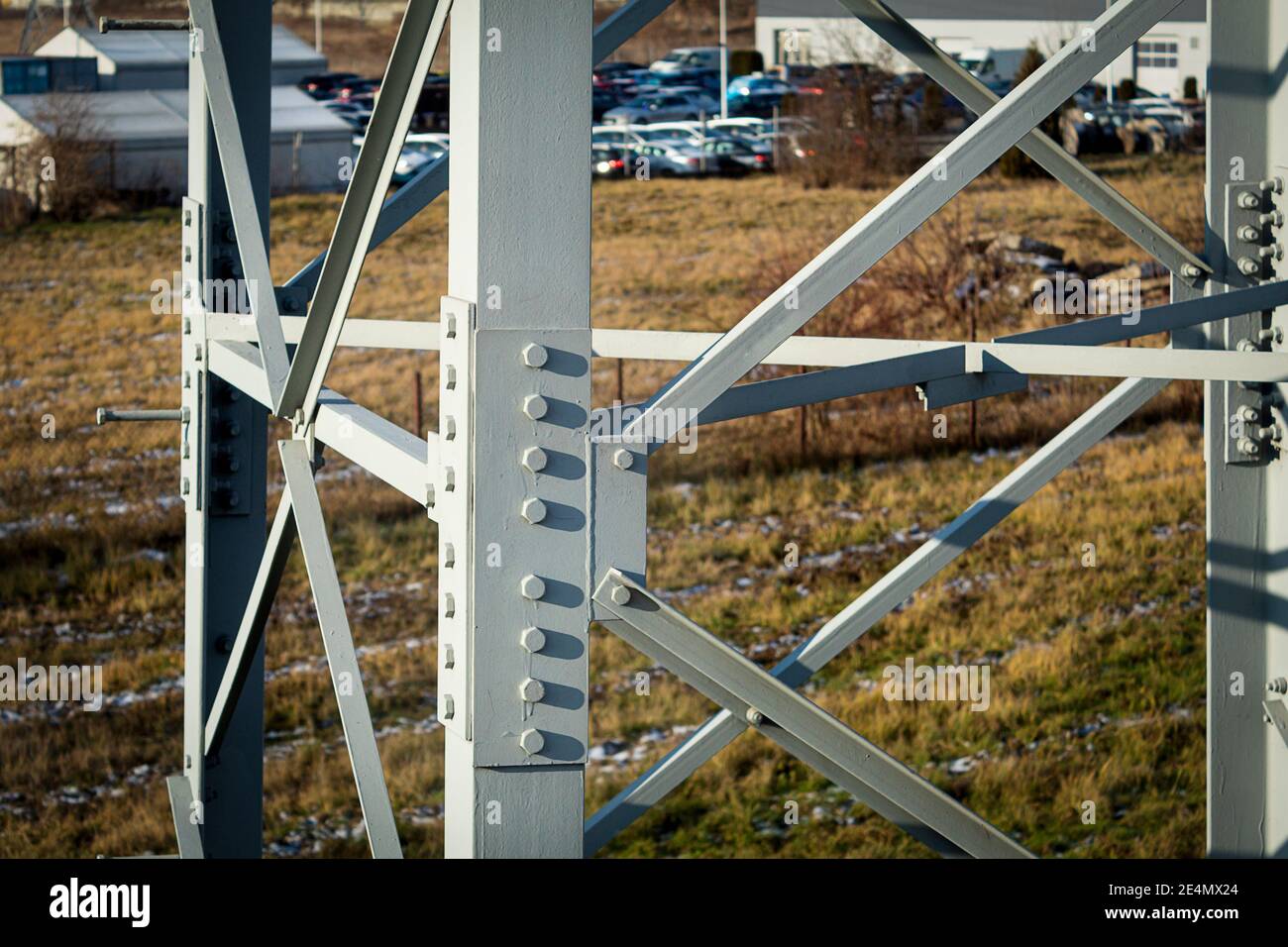 The connection of metal parts with bolts and nuts and metal bars. Large ...