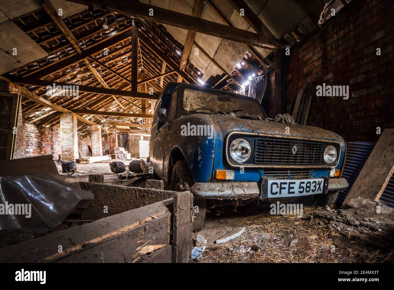 Old abandoned French car in barn. Barn find restoration project classic ...