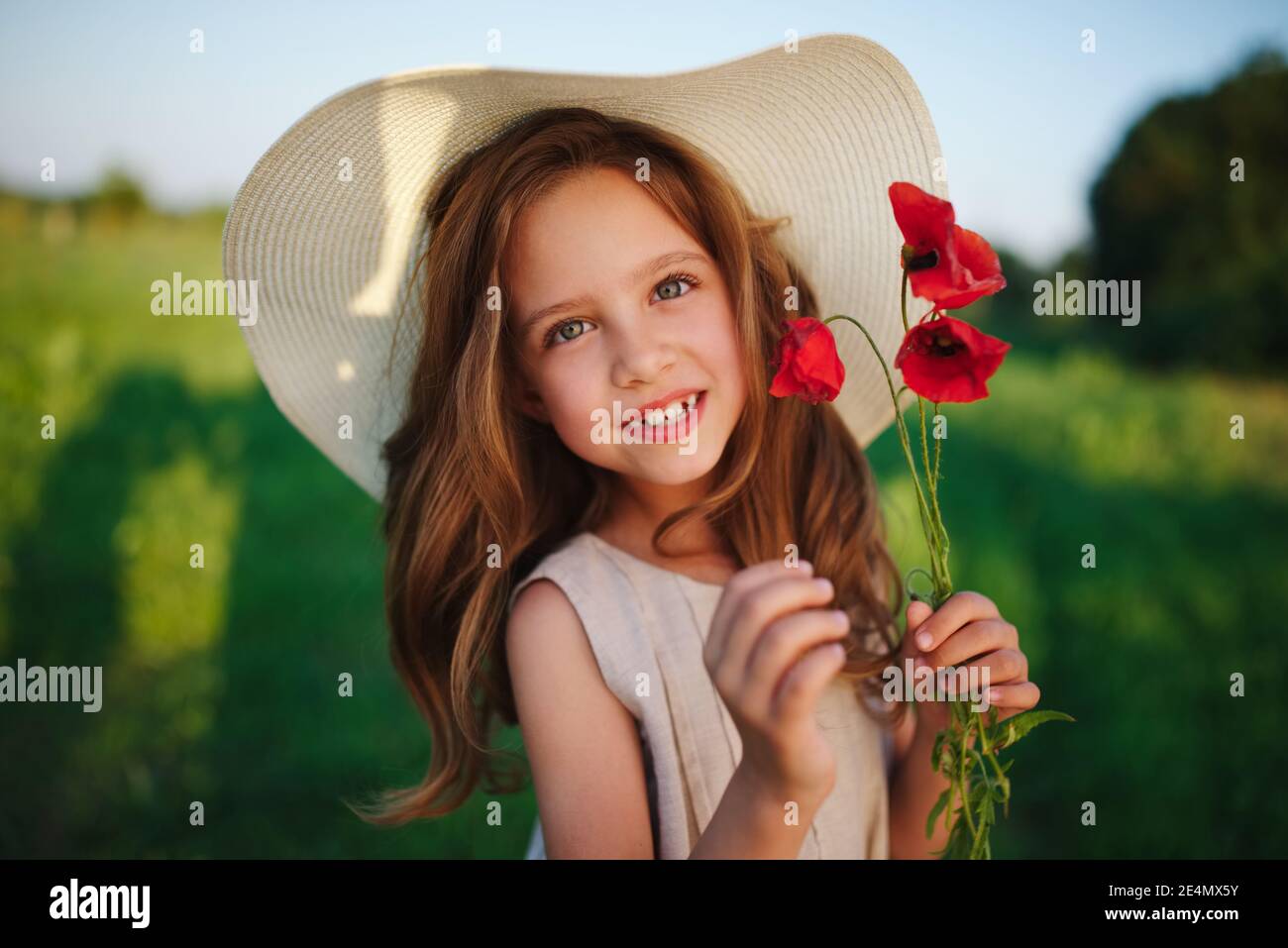 cute little girl in meadow with red poppies Stock Photo - Alamy