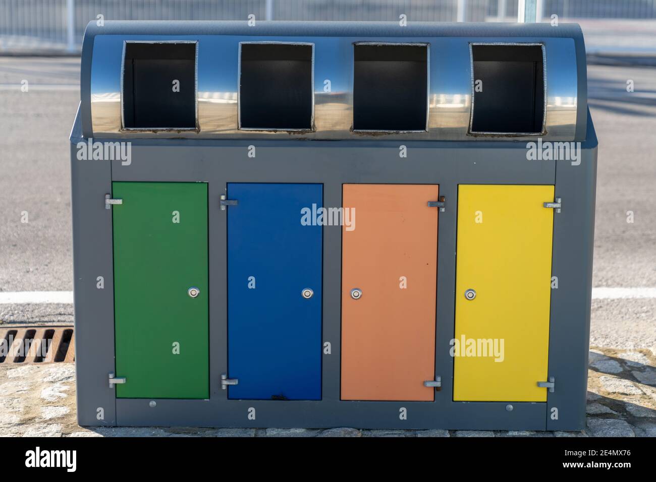 close up of colorful metal trash bins used for recycling Stock Photo ...