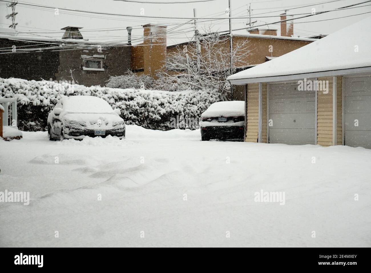 Backyard garage yard and cars covered in snow, following on snow storm ...