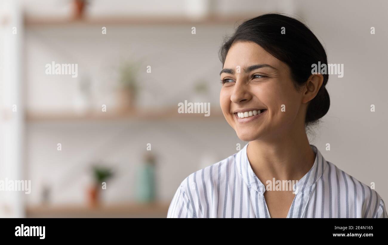 Inspired excited indian female enjoy life dream of positive things ...