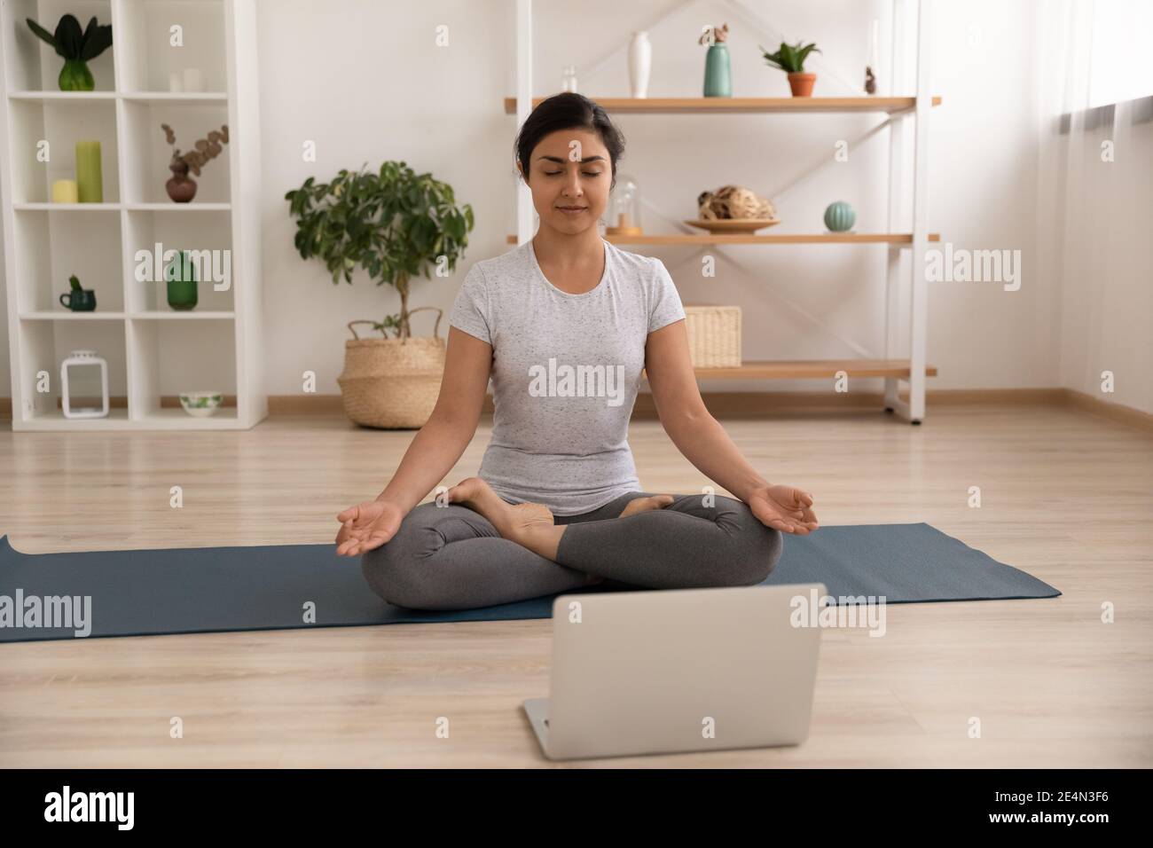 Concentrated indian woman sit in lotus pose before laptop screen Stock ...